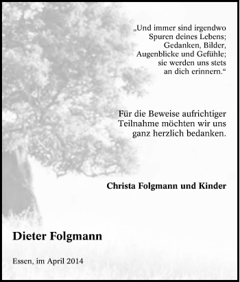 Traueranzeigen von Dieter Folgmann | Trauer-in-NRW.de
