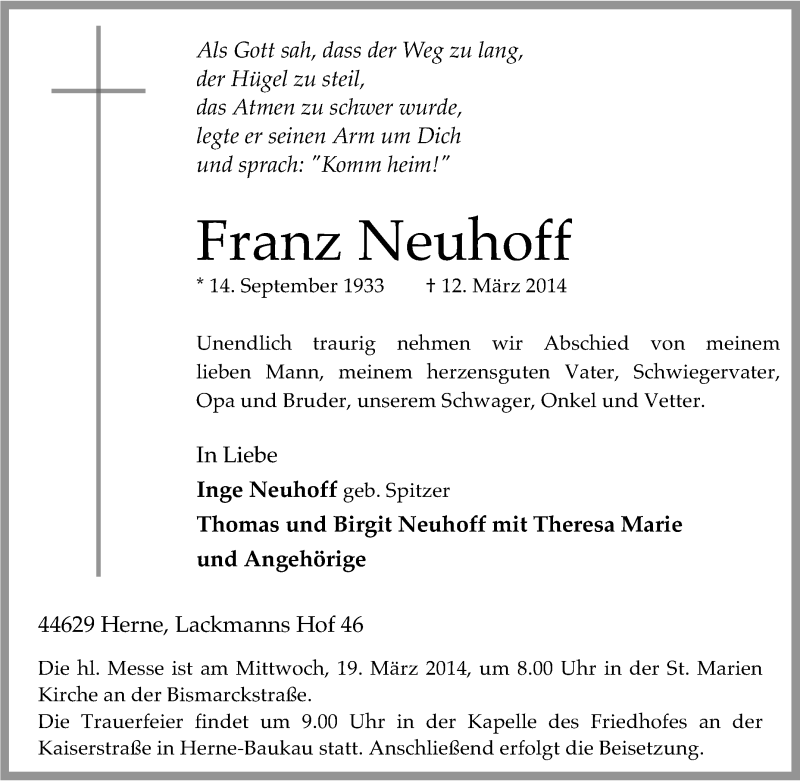 Traueranzeigen von Franz Neuhoff | Trauer-in-NRW.de