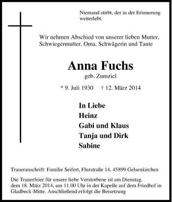 Traueranzeigen von Anna Fuchs | Trauer-in-NRW.de