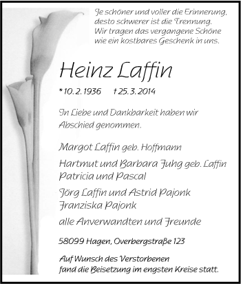 Traueranzeigen von Heinz Laffin | Trauer-in-NRW.de