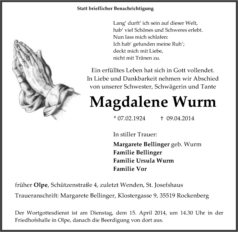 Traueranzeigen von Magdalene Wurm | Trauer-in-NRW.de