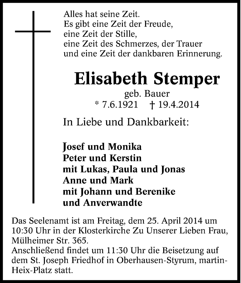 Traueranzeigen von Elisabeth Stemper | Trauer-in-NRW.de