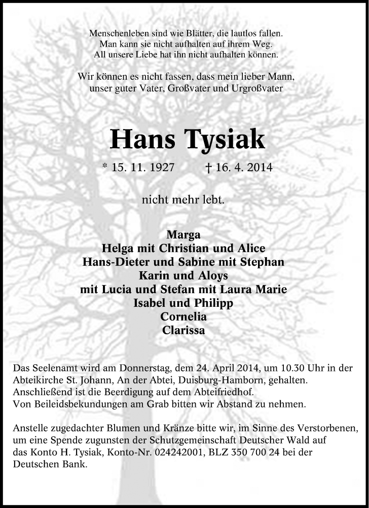 Traueranzeigen von Hans Tysiak | Trauer-in-NRW.de