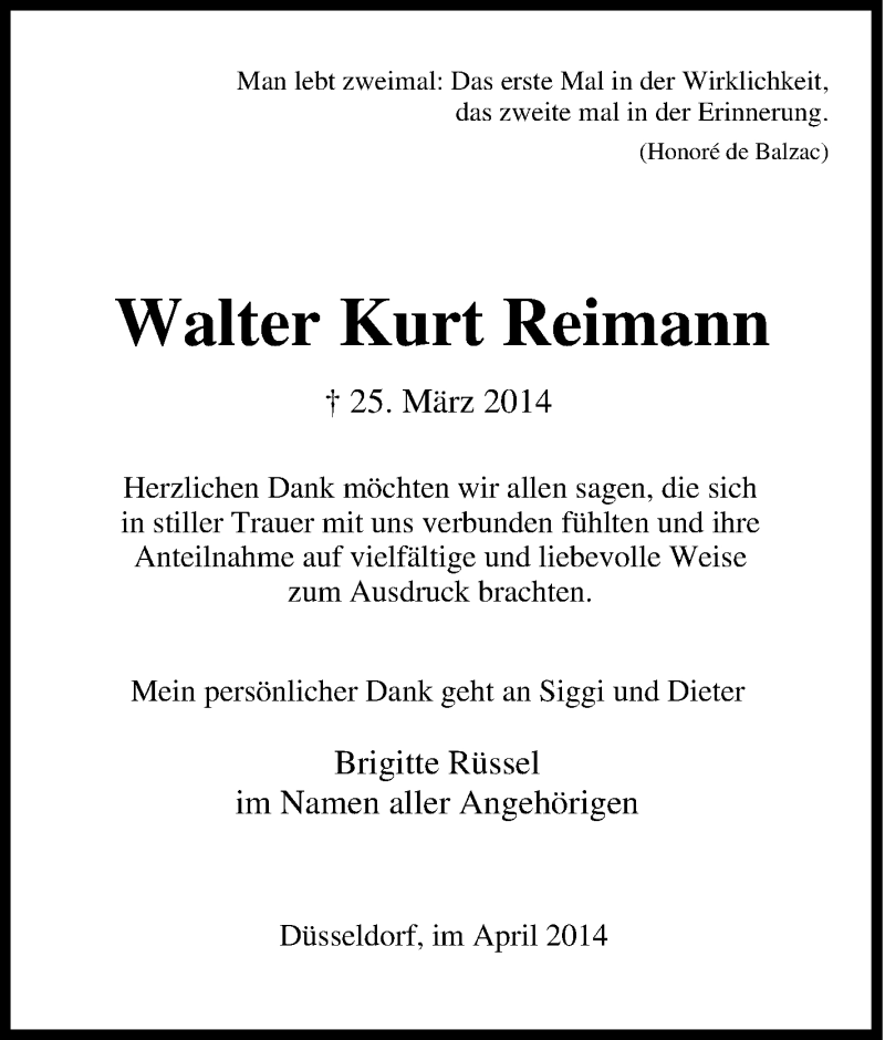 Traueranzeigen von Walter Kurt Reimann | Trauer-in-NRW.de