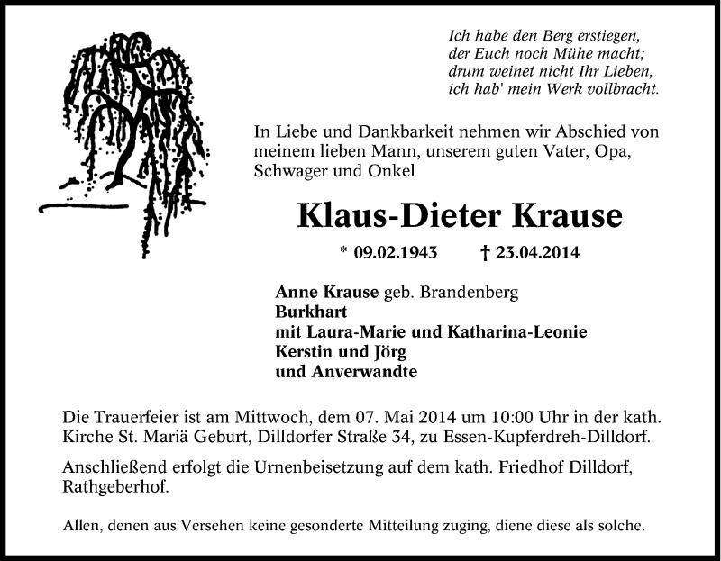 Traueranzeigen von Klaus-Dieter Krause | Trauer-in-NRW.de