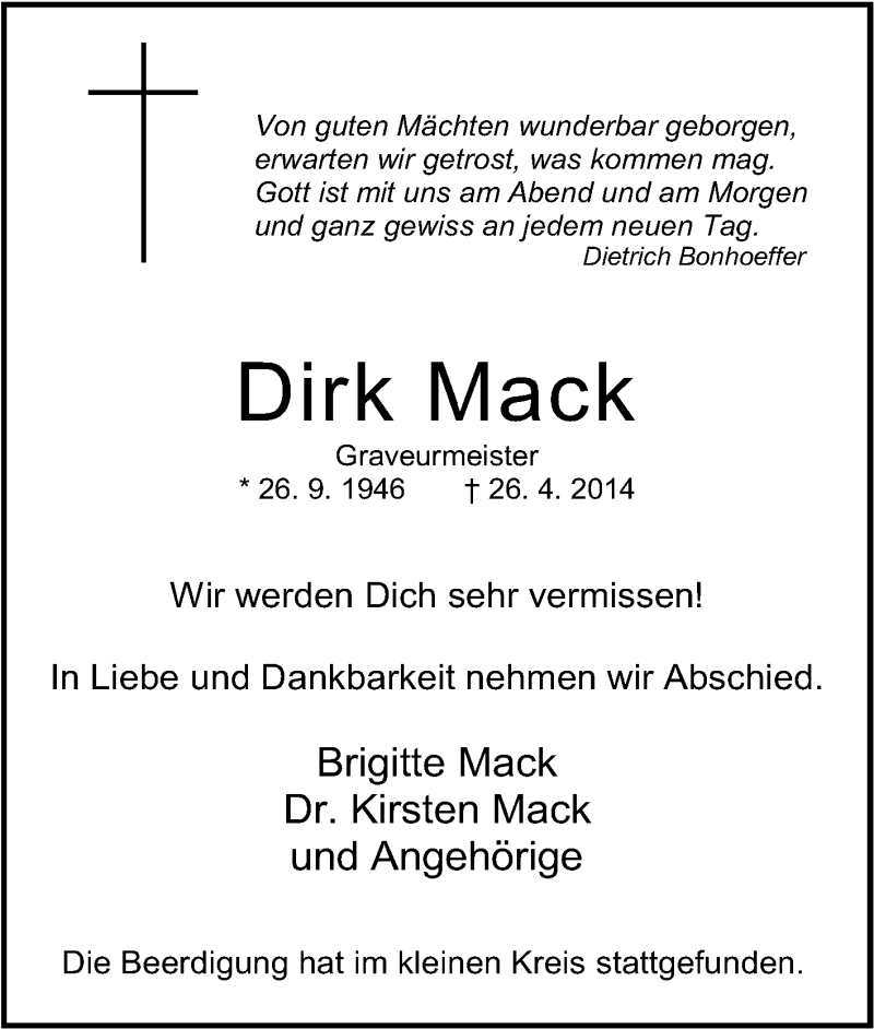 Traueranzeigen von Dirk Mack | Trauer-in-NRW.de