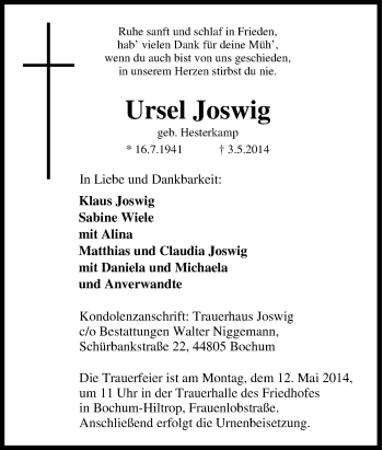 Traueranzeigen von Ursel Joswig | Trauer-in-NRW.de