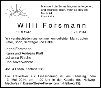 Traueranzeigen von Willi Forsmann | Trauer-in-NRW.de