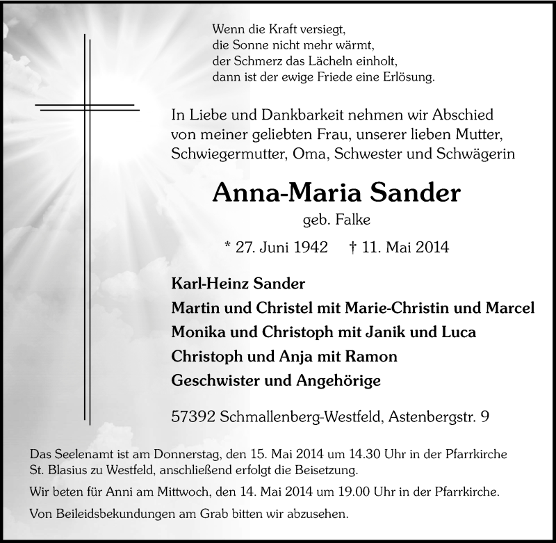 Traueranzeigen von Anna-Maria Sander | Trauer-in-NRW.de