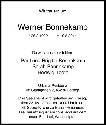 Traueranzeigen von Werner Bonnekamp | Trauer-in-NRW.de