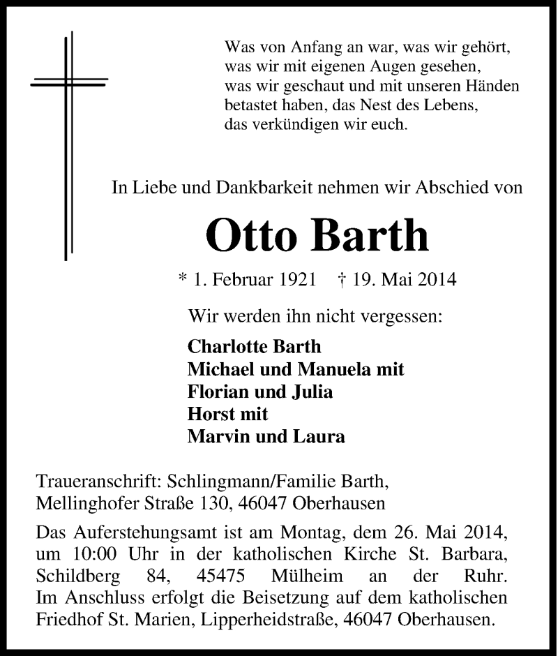Traueranzeigen von Otto Barth | Trauer-in-NRW.de