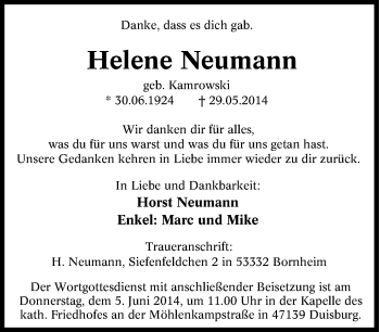 Traueranzeigen von Helene Neumann | Trauer-in-NRW.de