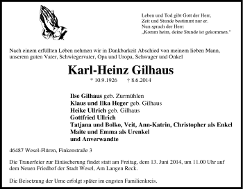 Traueranzeigen von Karl-Heinz Gilhaus | Trauer-in-NRW.de
