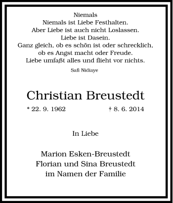 Traueranzeigen von Christian Breustedt | Trauer-in-NRW.de