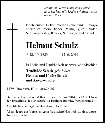 Traueranzeigen von Helmut Schulz | Trauer-in-NRW.de