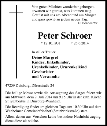Traueranzeigen von Peter Schroer | Trauer-in-NRW.de