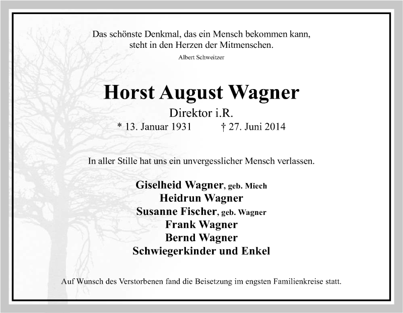 Traueranzeigen von Horst August Wagner | Trauer-in-NRW.de