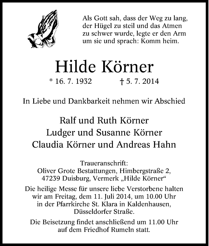 Traueranzeigen von Hilde Körner | Trauer-in-NRW.de