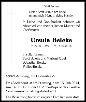 Traueranzeigen von Ursula Beleke | Trauer-in-NRW.de