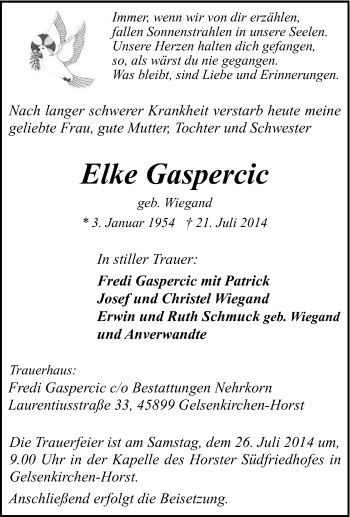 Traueranzeigen von Elke Gaspercic | Trauer-in-NRW.de