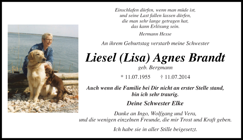 Traueranzeigen von Liesel Agnes Brandt | Trauer-in-NRW.de