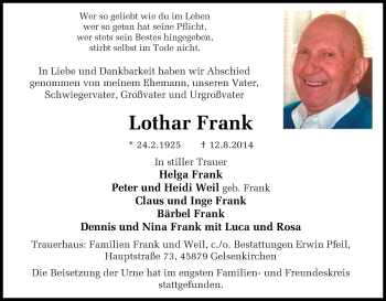 Traueranzeigen von Lothar Frank | Trauer-in-NRW.de