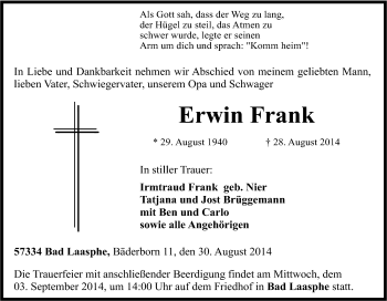 Traueranzeigen von Erwin Frank | Trauer-in-NRW.de