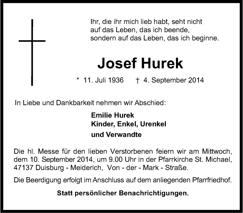 Traueranzeigen von Josef Hurek | Trauer-in-NRW.de