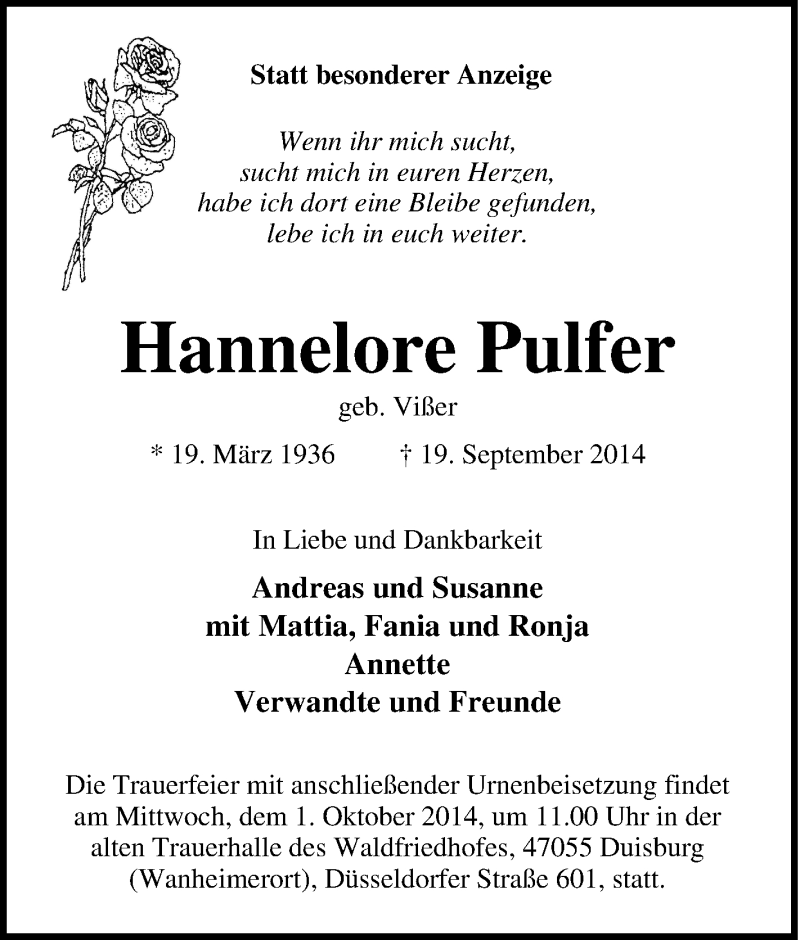 Traueranzeigen von Hannelore Pulfer | Trauer-in-NRW.de