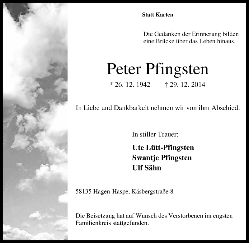 Traueranzeigen von Peter Pfingsten | Trauer-in-NRW.de