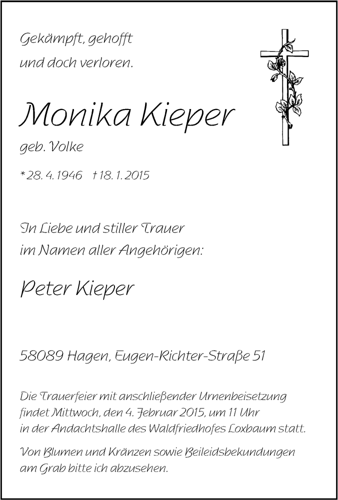 Traueranzeigen von Monika Kieper | Trauer-in-NRW.de
