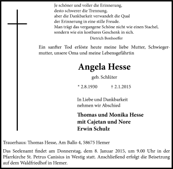 Traueranzeigen von Angela Hesse | Trauer-in-NRW.de