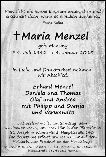 Traueranzeigen von Maria Menzel | Trauer-in-NRW.de