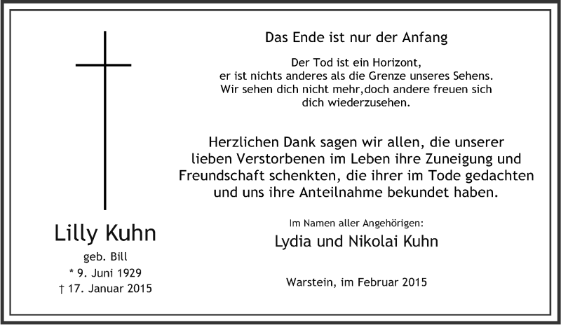 Traueranzeigen von Lilly Kuhn | Trauer-in-NRW.de