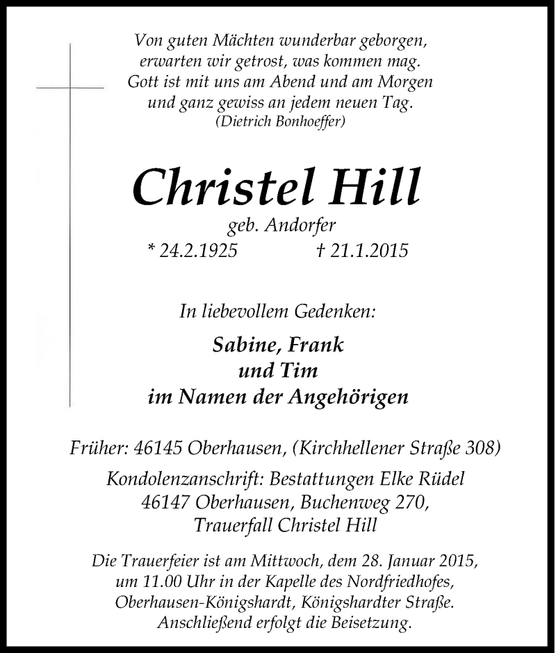 Traueranzeigen von Christel Hill | Trauer-in-NRW.de