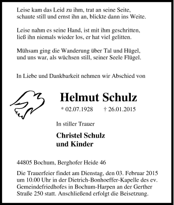 Traueranzeigen von Helmut Schulz | Trauer-in-NRW.de
