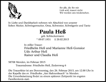 Traueranzeigen von Paula Heß | Trauer-in-NRW.de