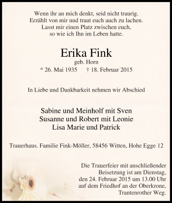 Traueranzeigen von Erika Fink | Trauer-in-NRW.de