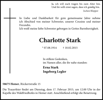 Traueranzeigen von Charlotte Stark | Trauer-in-NRW.de