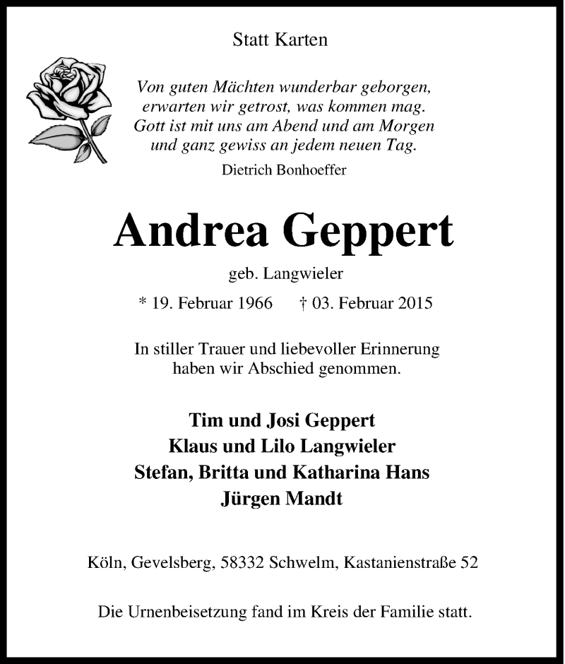 Traueranzeigen von Andrea Geppert | Trauer-in-NRW.de