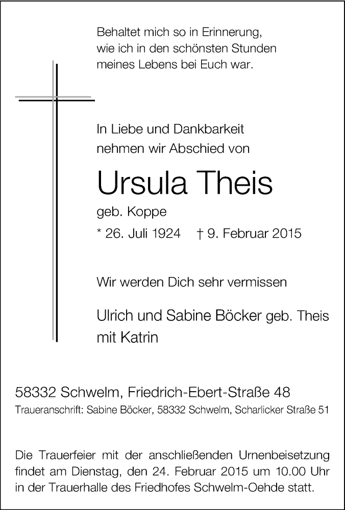 Traueranzeigen von Ursula Theis | Trauer-in-NRW.de