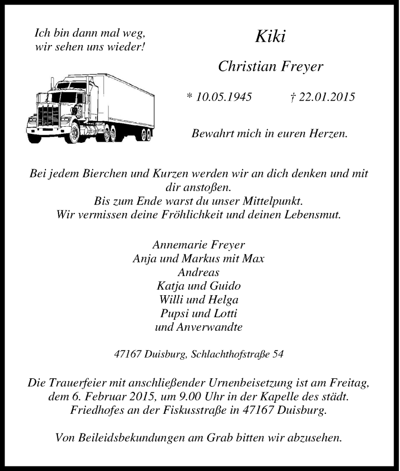 Traueranzeigen von Christian Freyer | Trauer-in-NRW.de