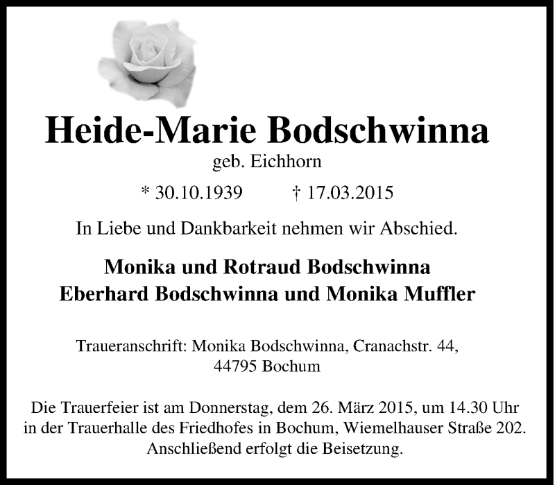 Traueranzeigen von Heide-Marie Bodschwinna | Trauer-in-NRW.de