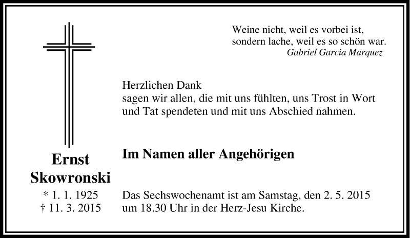 Traueranzeigen von Ernst Skowronski | Trauer-in-NRW.de Traueranzeigen von Ernst Skowronski | Trauer-in-NRW.de