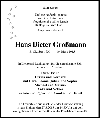 Traueranzeigen von Hans Dieter Großmann | Trauer-in-NRW.de