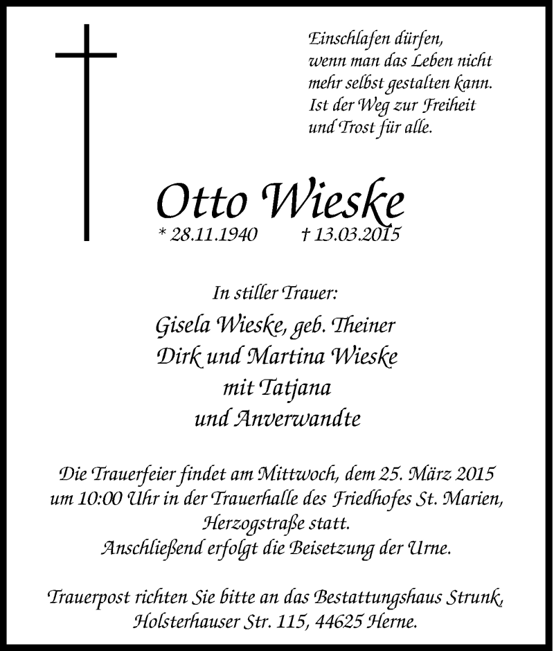 Traueranzeigen von Otto Wiese | Trauer-in-NRW.de