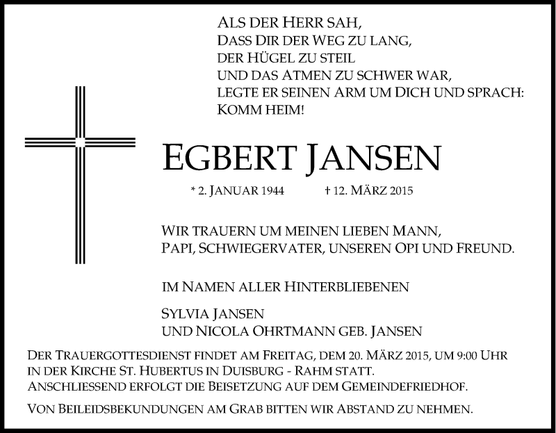 Traueranzeigen von Egbert Jansen | Trauer-in-NRW.de