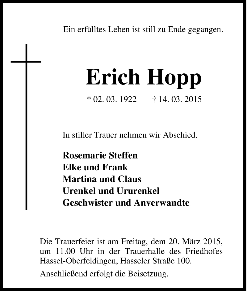 Traueranzeigen von Erich Hopp | Trauer-in-NRW.de