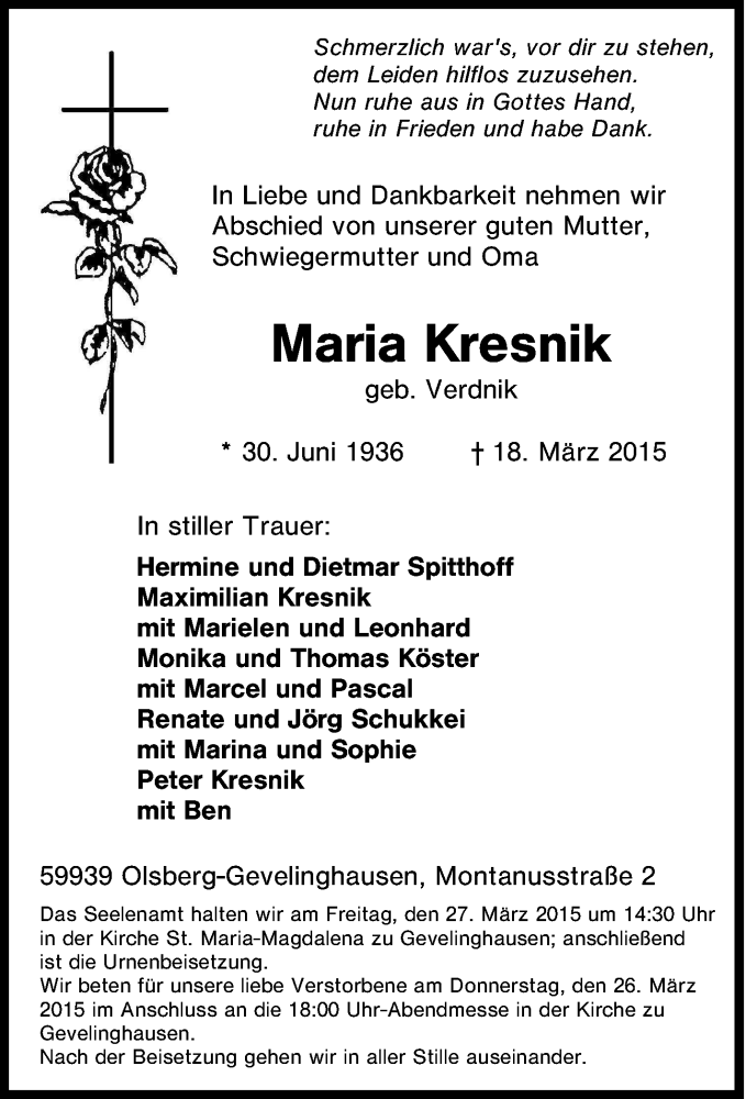 Traueranzeigen von Maria Kresnik | Trauer-in-NRW.de