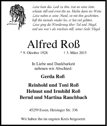 Traueranzeigen von Alfred Roß | Trauer-in-NRW.de